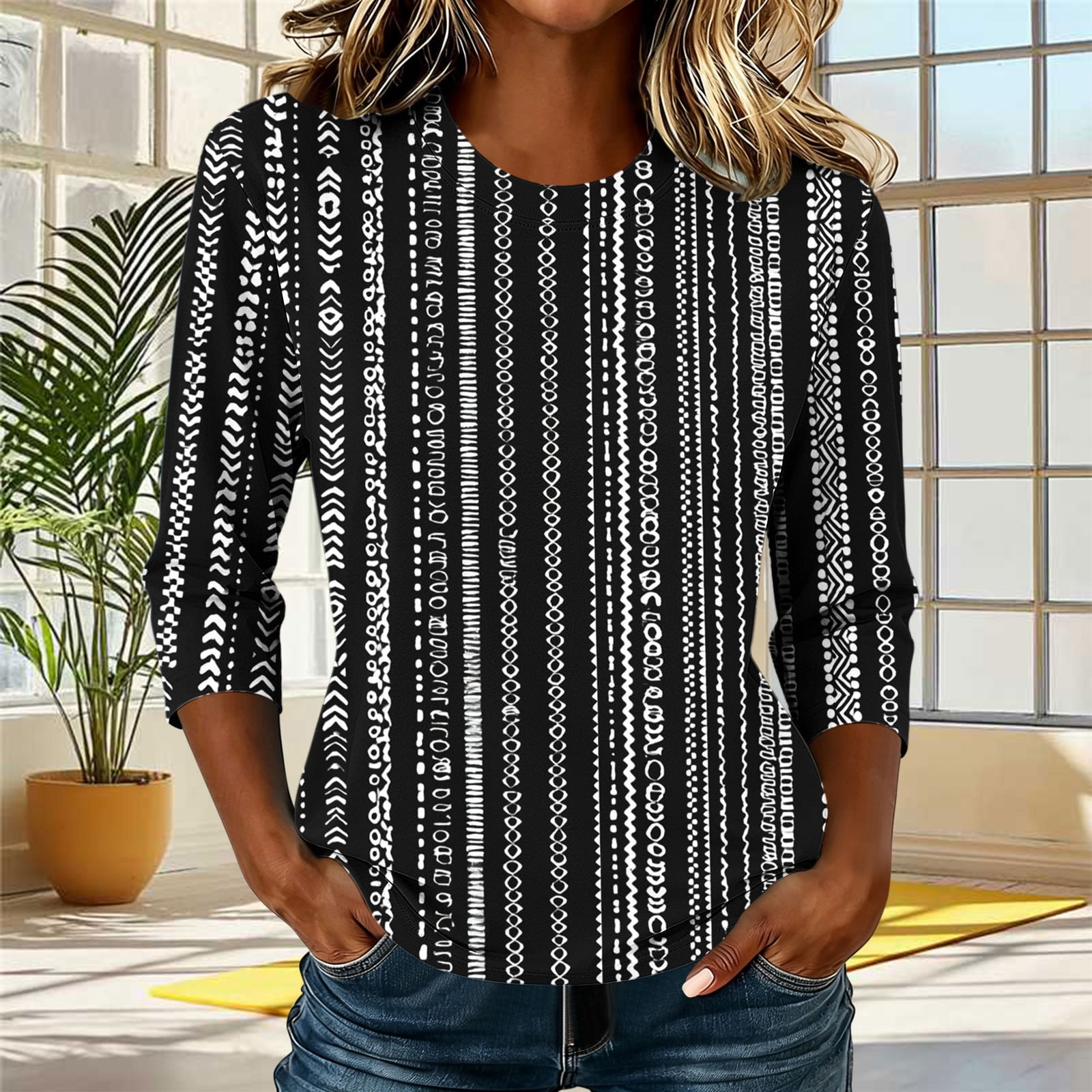 Ayolanni Striped Summer Fall Clothes Trendy Scoop Neck 3/4 Sleeve Tunic ...