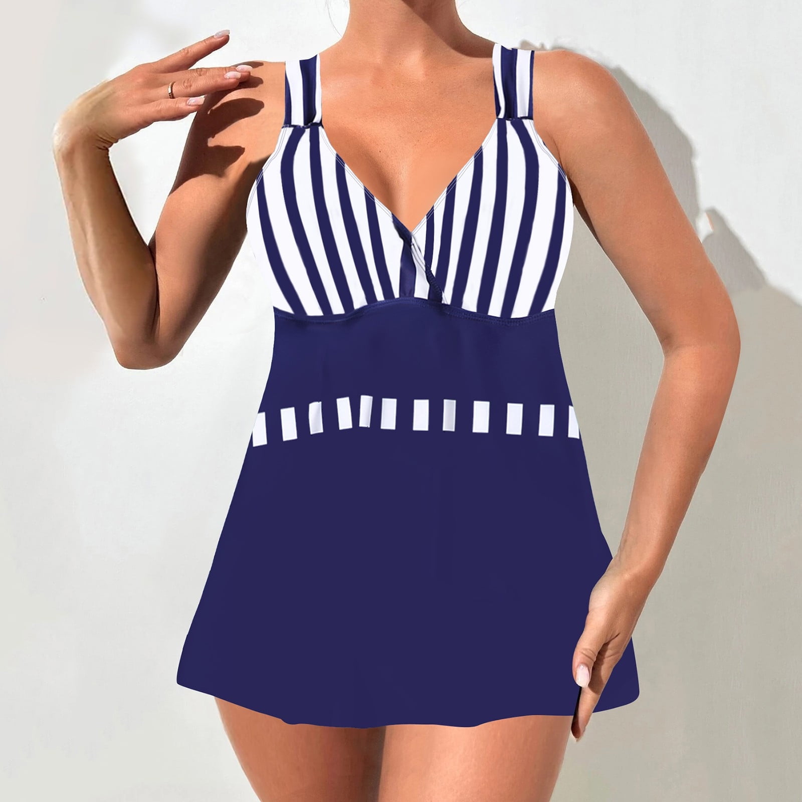 Ayolanni Striped Swimsuits for Women 2025 Blue V-Neck Separate Modest Tankini Two-Piece Sets ...