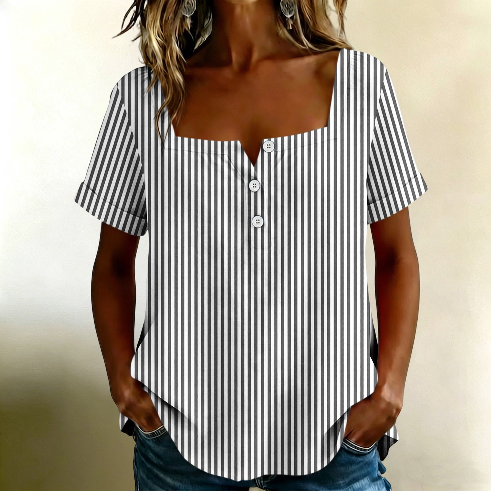 Ayolanni Striped Womens Blouses Button Down Short Sleeve Casual Square ...