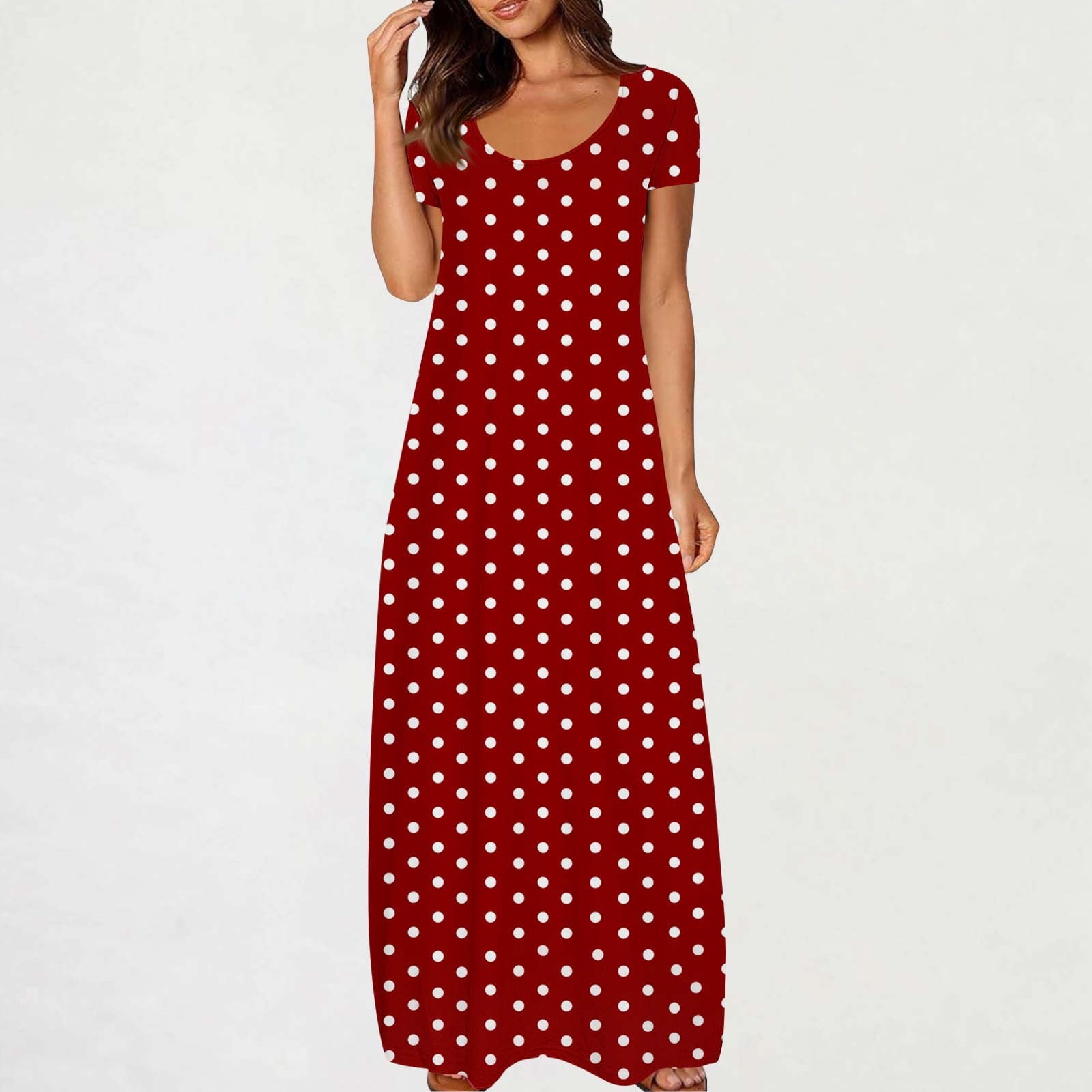 Ayolanni Summer Dresses for Women 2025 Vacation Loose Ankle-Length Polka Dot Red Short Sleeve ...