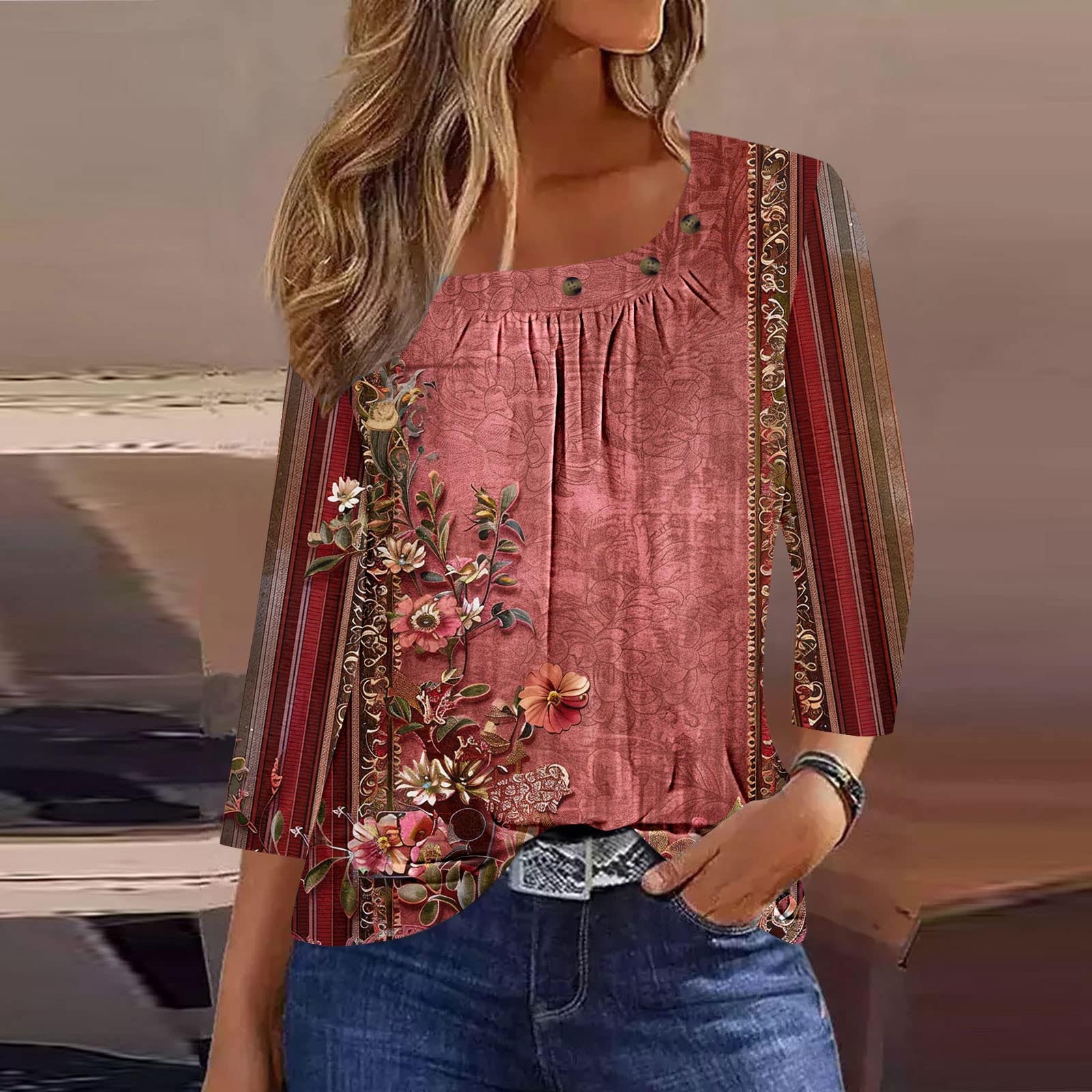 Ayolanni Summer Shirts for Women Square Neckline Casual 3/4 Sleeve ...