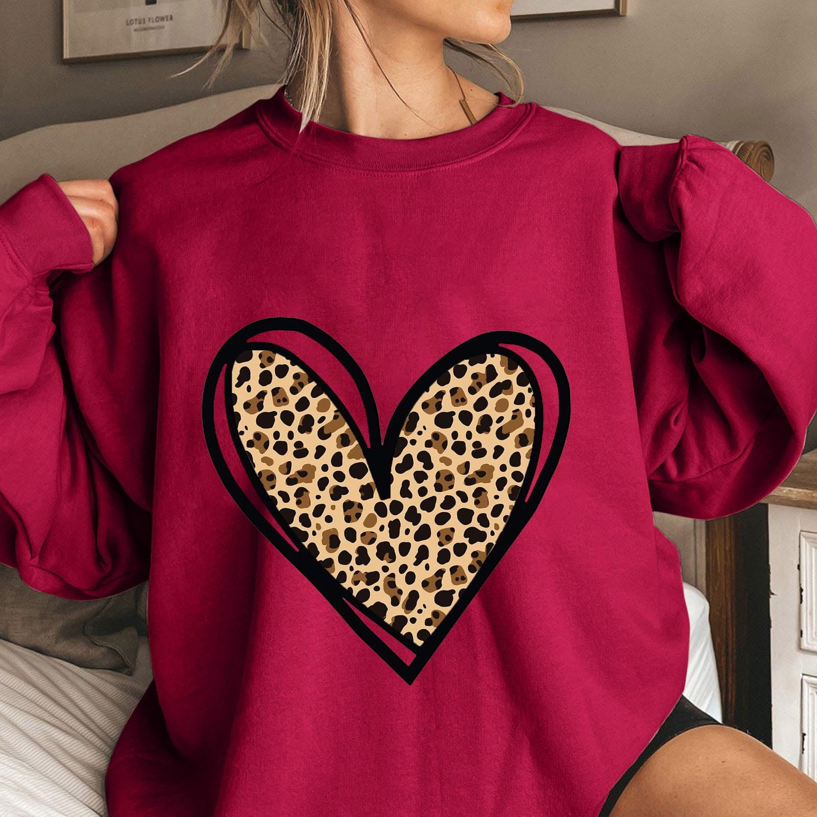 Ayolanni Sweatshirt Women Long Sleeve Red Pullover Crew Neck Leopard ...