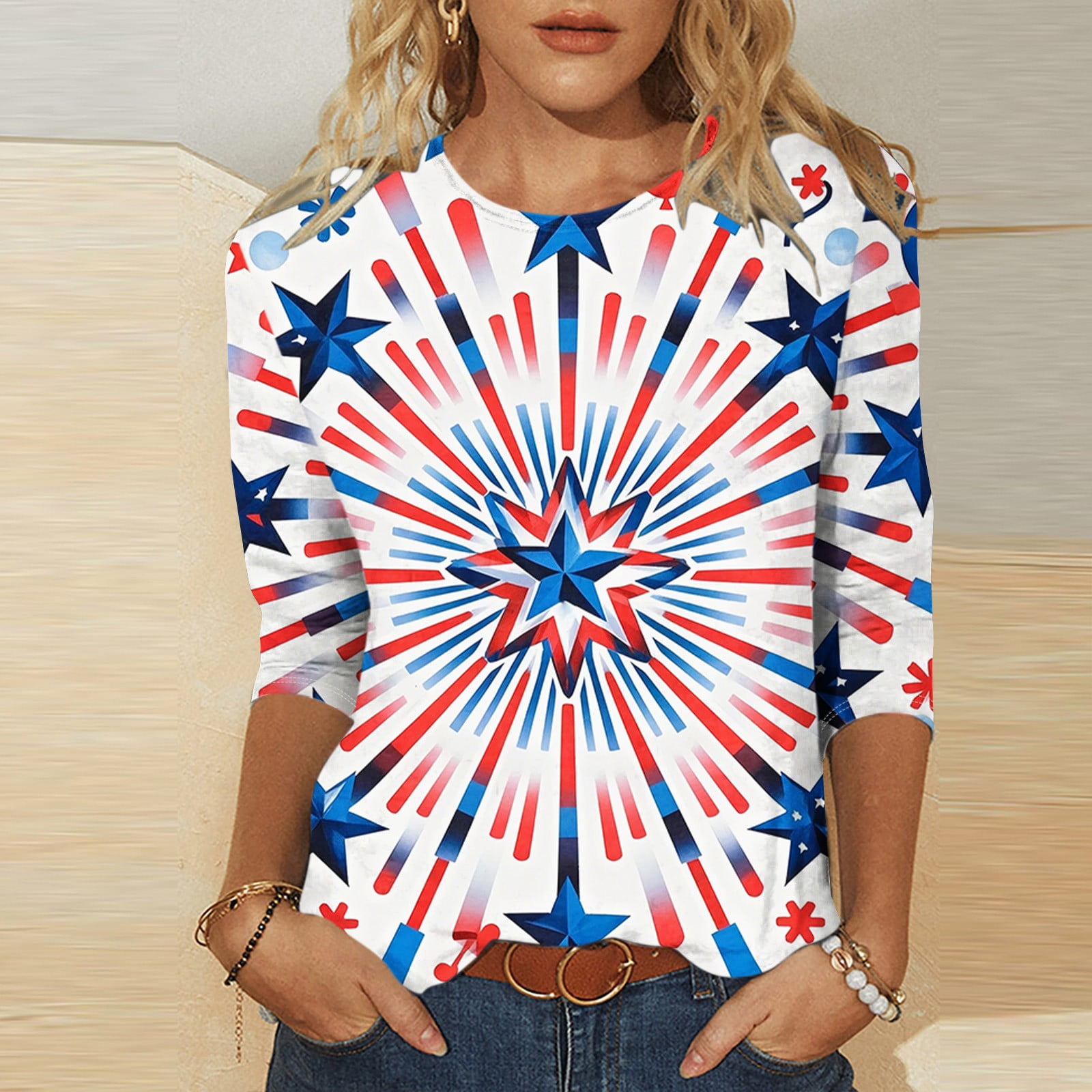 Ayolanni T-Shirt Women 3/4 Sleeve Crew Neck The Fourth of July Blouses ...