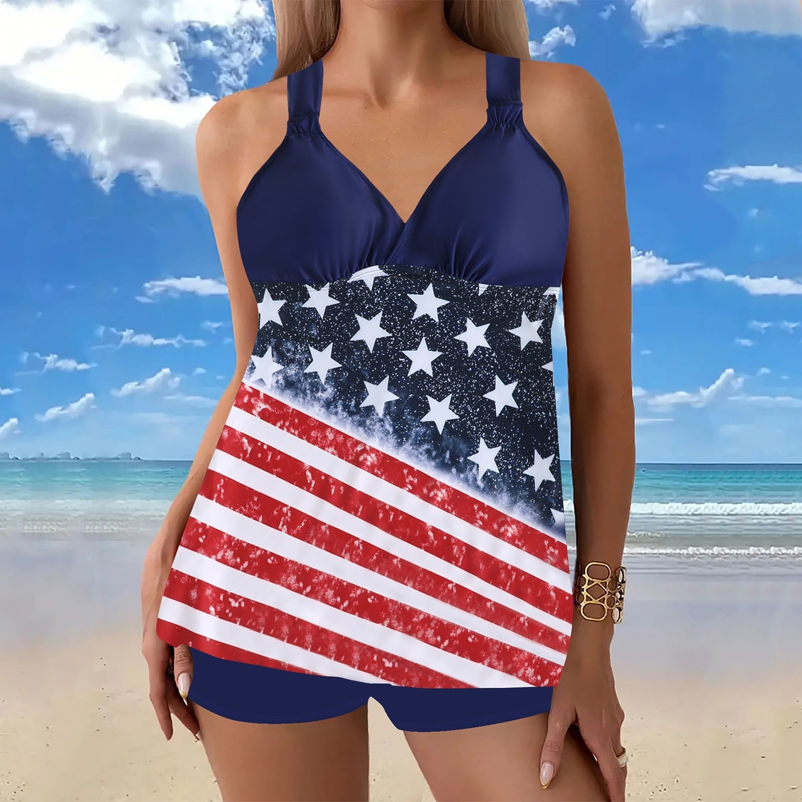 Ayolanni Tankini Cute Swimsuits for Women V-Neck Blue Modest Stars and ...