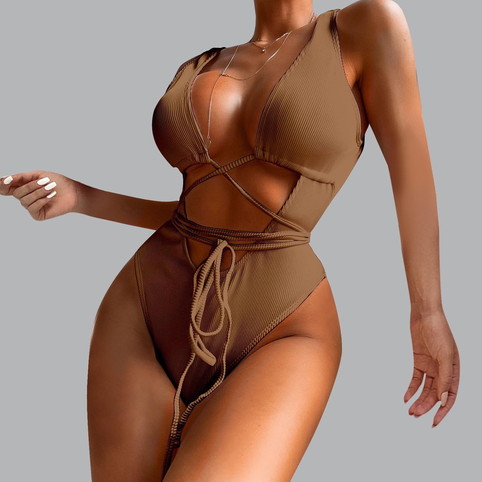 Ayolanni Tie Women's Plus Size Tankini Sets Brown Bodysuit Monokini V-Neck Solid One-Piece Tween ...