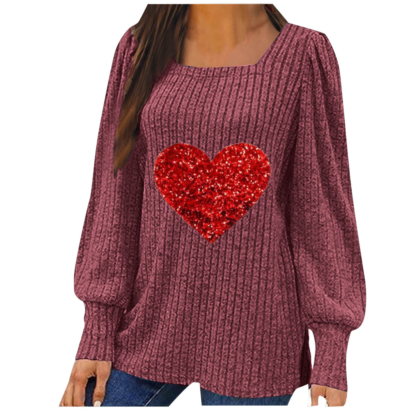 Ayolanni Tops Women Red Long Sleeve Puff Valentine's Day Pullover ...