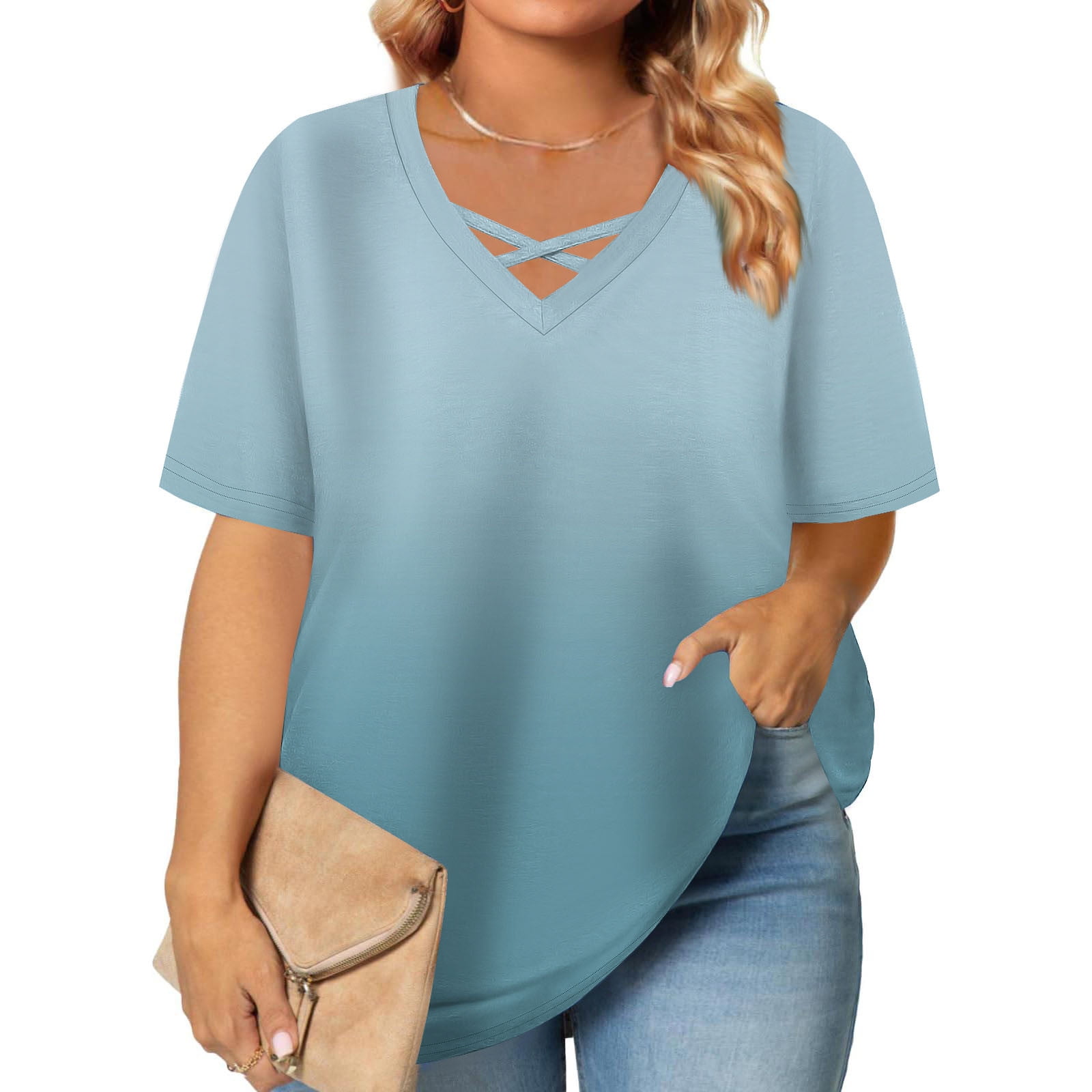 Ayolanni Trendy Tunic Blouses Fashion V-Neck Color Block Short Sleeve T ...