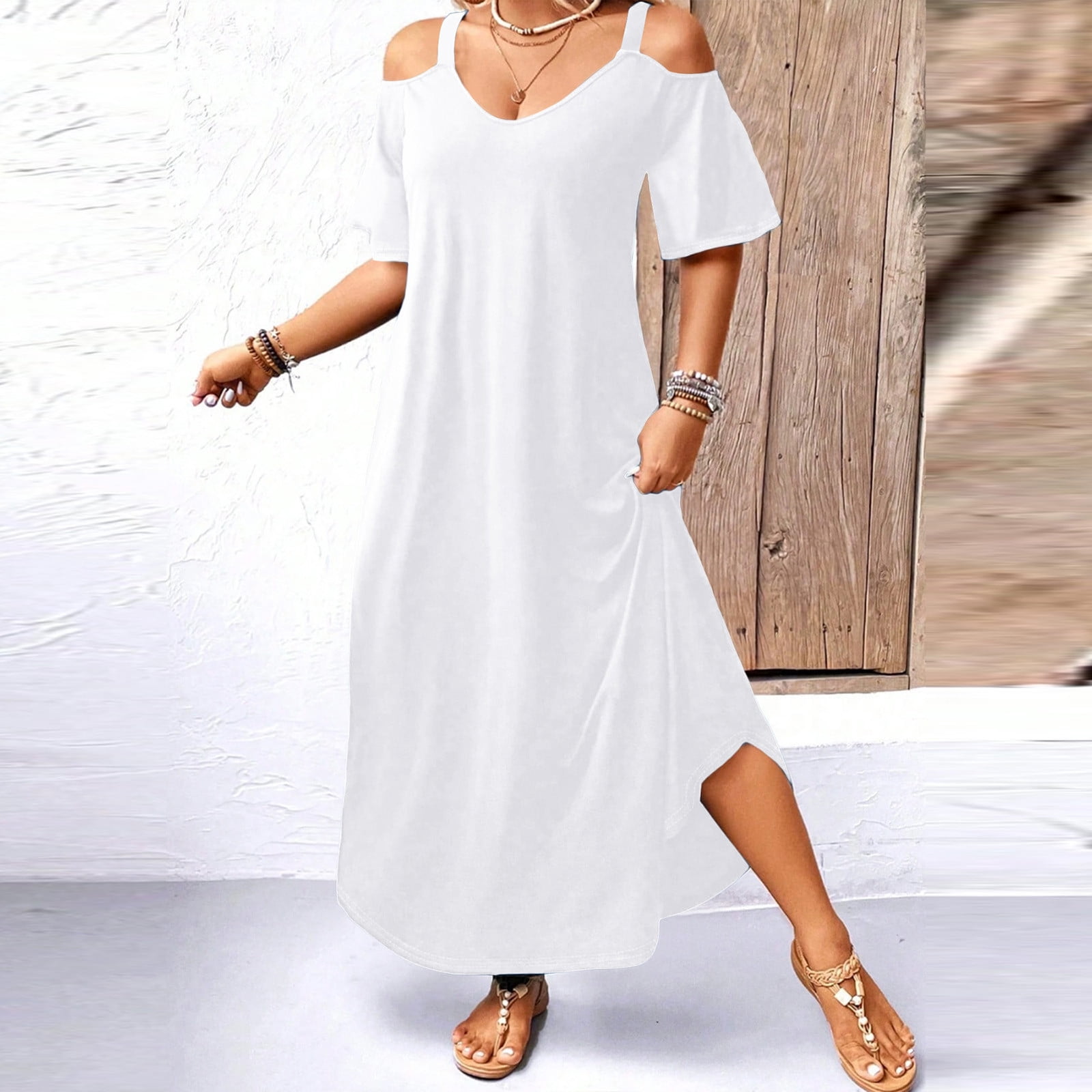 Ayolanni Tunic Summer Dresses for Women Maxi Solid Color V-Neck Casual ...