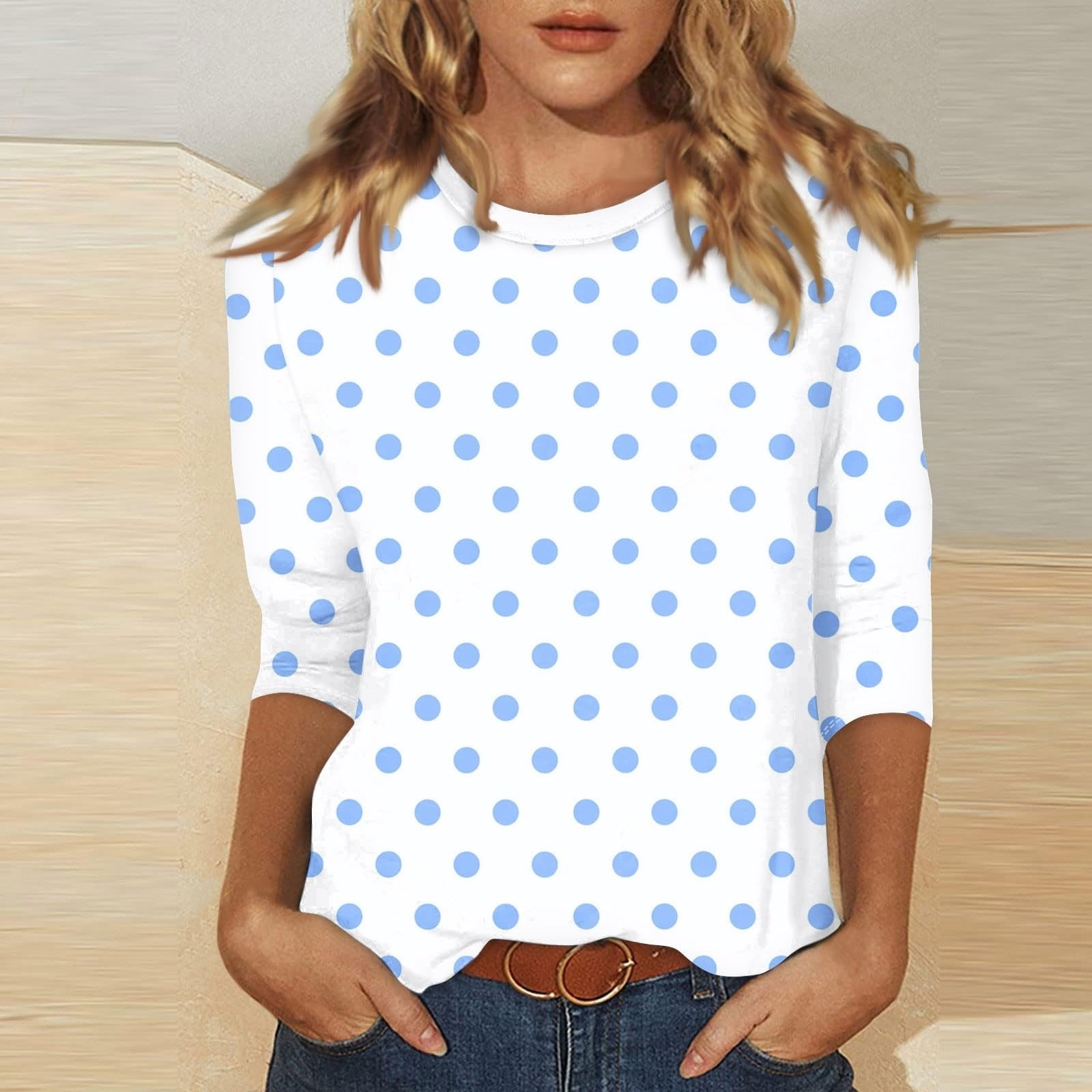 Ayolanni Tunic Summer Fall Shirts Fashion 3/4 Sleeve Crew Neck Polka ...
