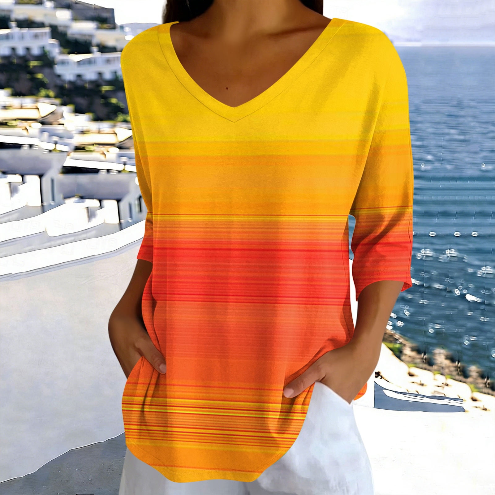 Ayolanni V-Neck Blouses for Women 3/4 Sleeve Basic Color Block Blouse ...