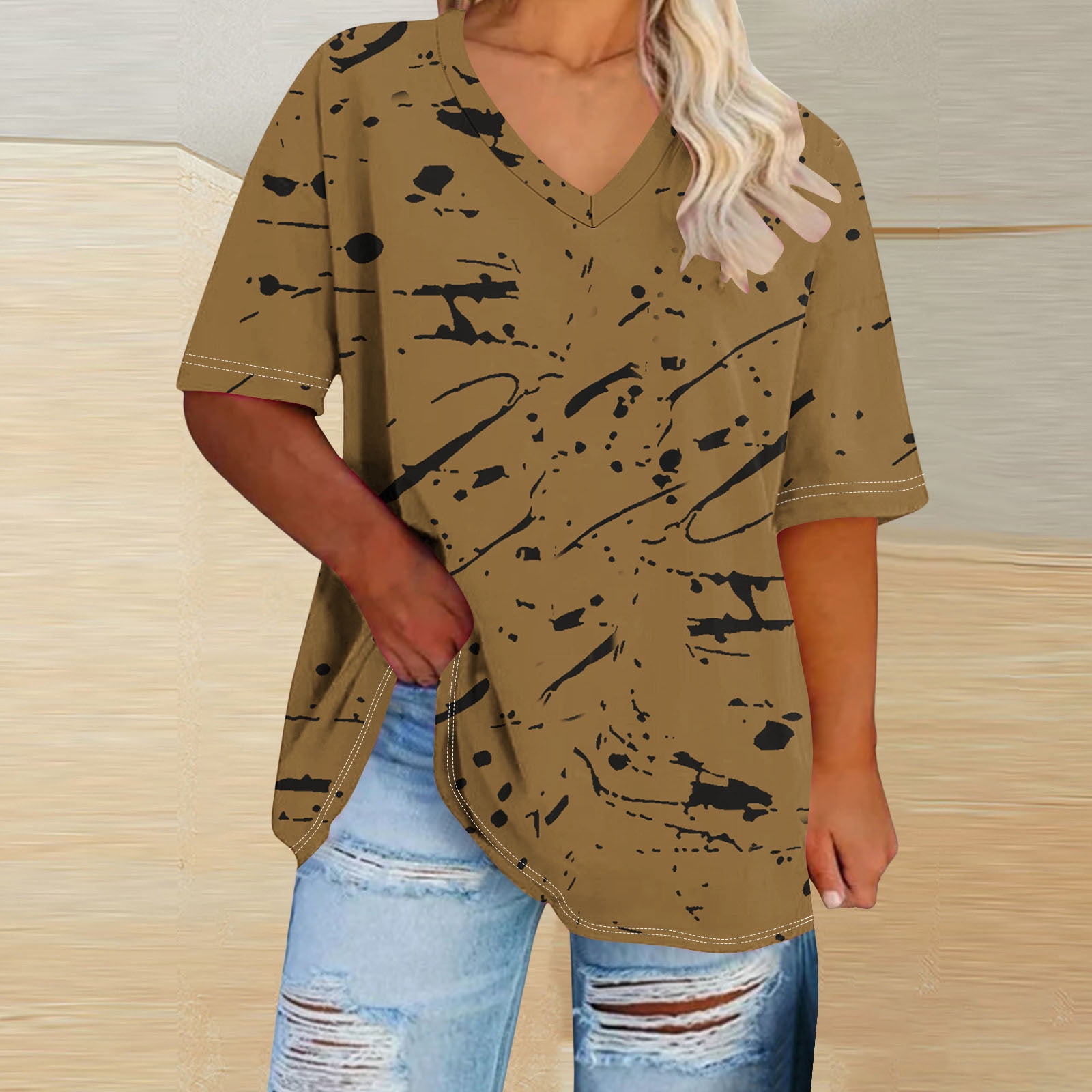 Ayolanni V-Neck Blouses for Women Dressy Casual Line Print Short Sleeve ...