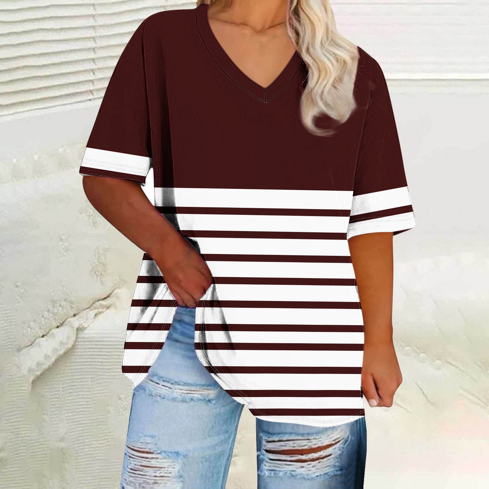 Ayolanni V-Neck Blouses for Women Striped Color Block Short Sleeve ...