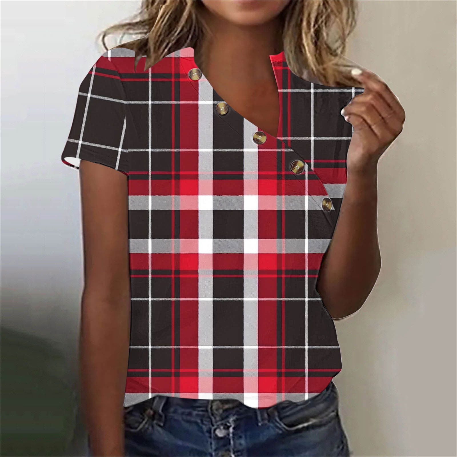 Ayolanni V-Neck Shirts for Women Short Sleeve Outerwear Color Block T ...
