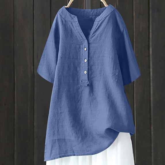 Ayolanni V-Neck Shirts for Women Solid Casual Cotton Linen 3/4 Sleeve ...