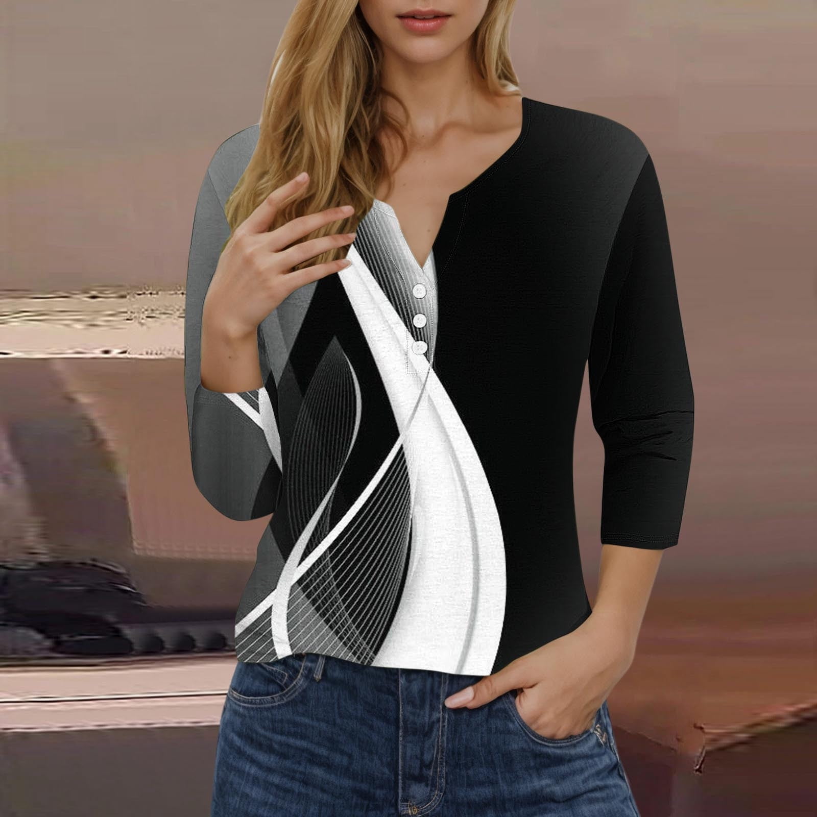 Ayolanni V-Neck Summer Shirts for Women Casual Workout 3/4 Sleeve ...