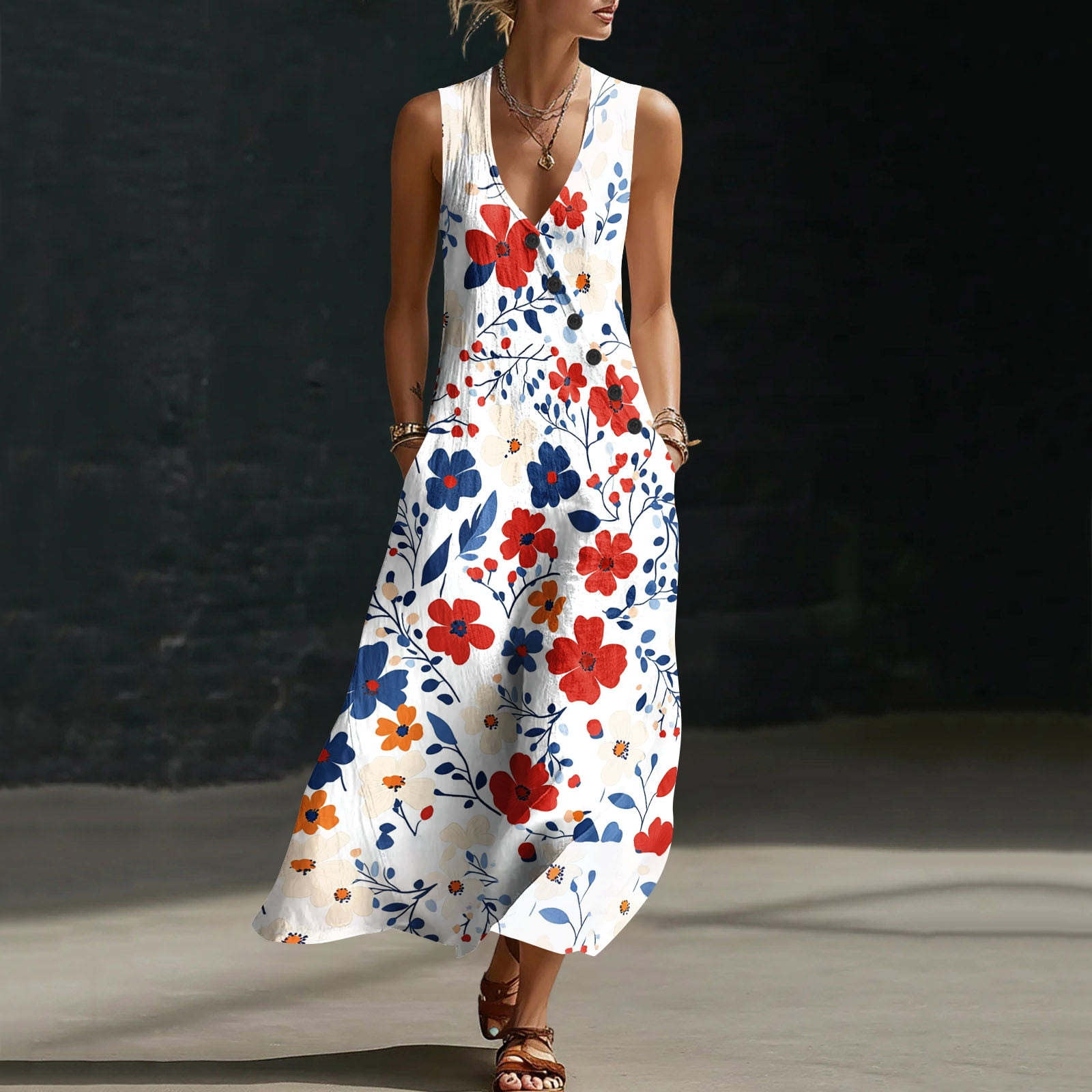 Ayolanni V-Neck Women Summer Dresses Long Ethnic Floral A-Line Dress ...