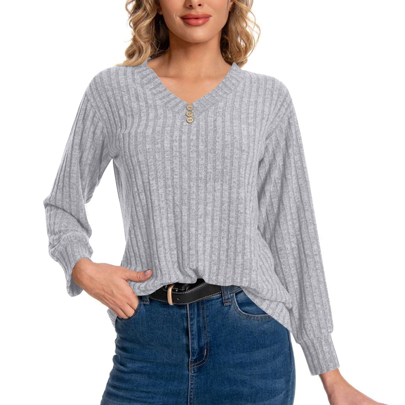 Ayolanni V-Neck Women Sweater Long Sleeve Gray Knitted Shirts ...
