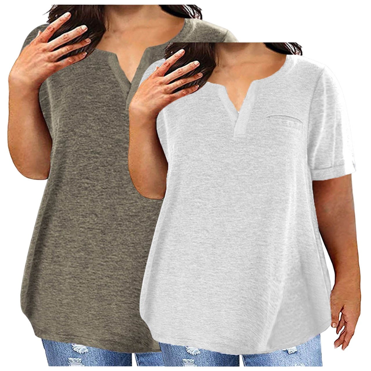 Ayolanni V-Neck Women Tunic Tops White Cotton Short Sleeve Plus Size Solid Pullover T-Shirts ...