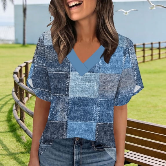 Ayolanni V-Neck Womens T Shirts Ruffle Short Sleeve Plaid Leisure ...