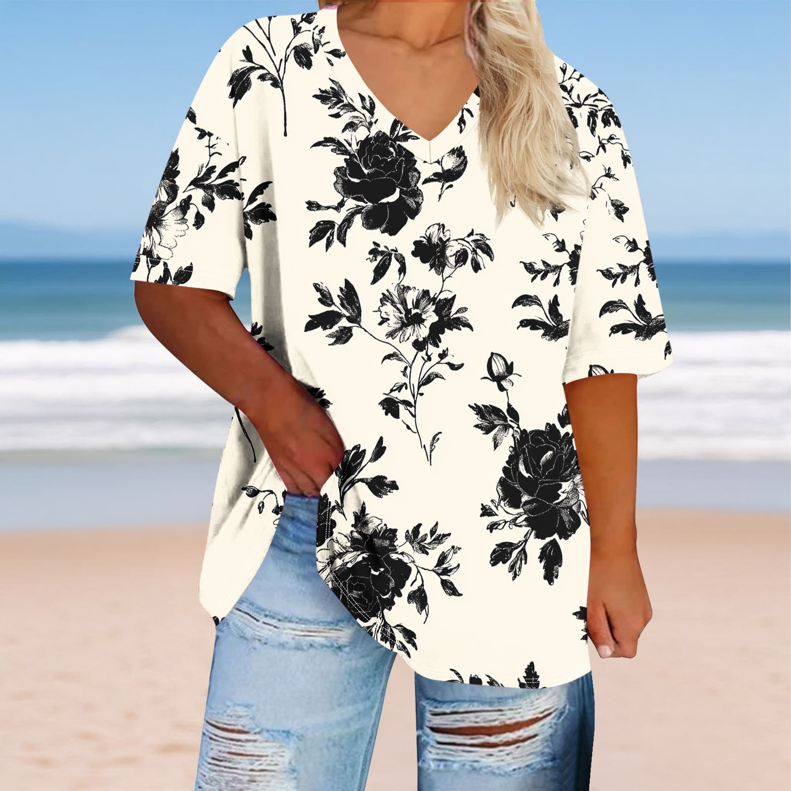 Ayolanni V-Neck Womens Versatile Shirts Casual Short Sleeve Floral ...