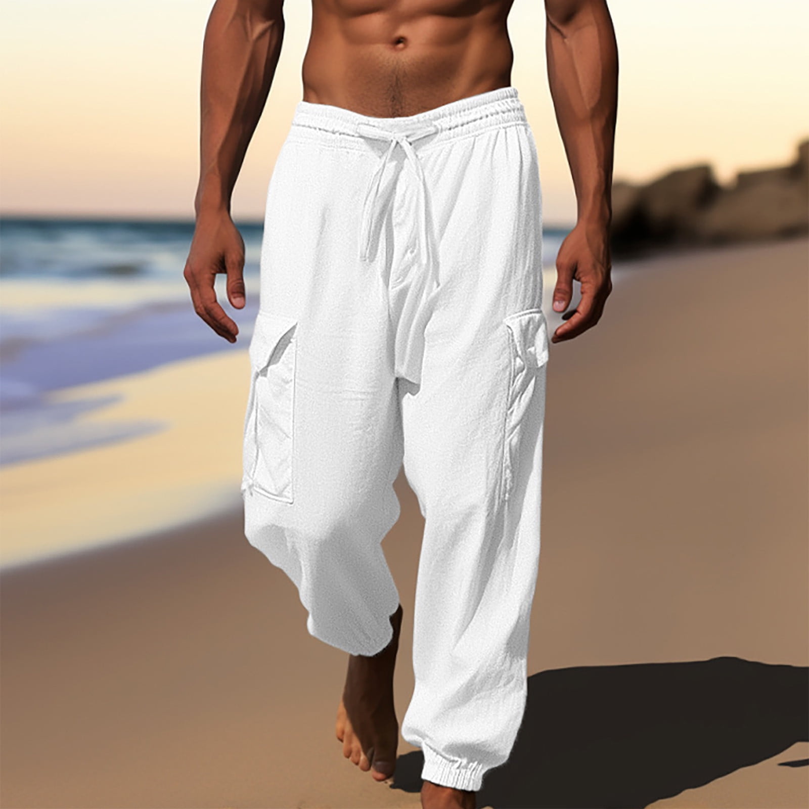 Ayolanni White Regular Cotton Linen Pant For Men Loose Fit Elastic