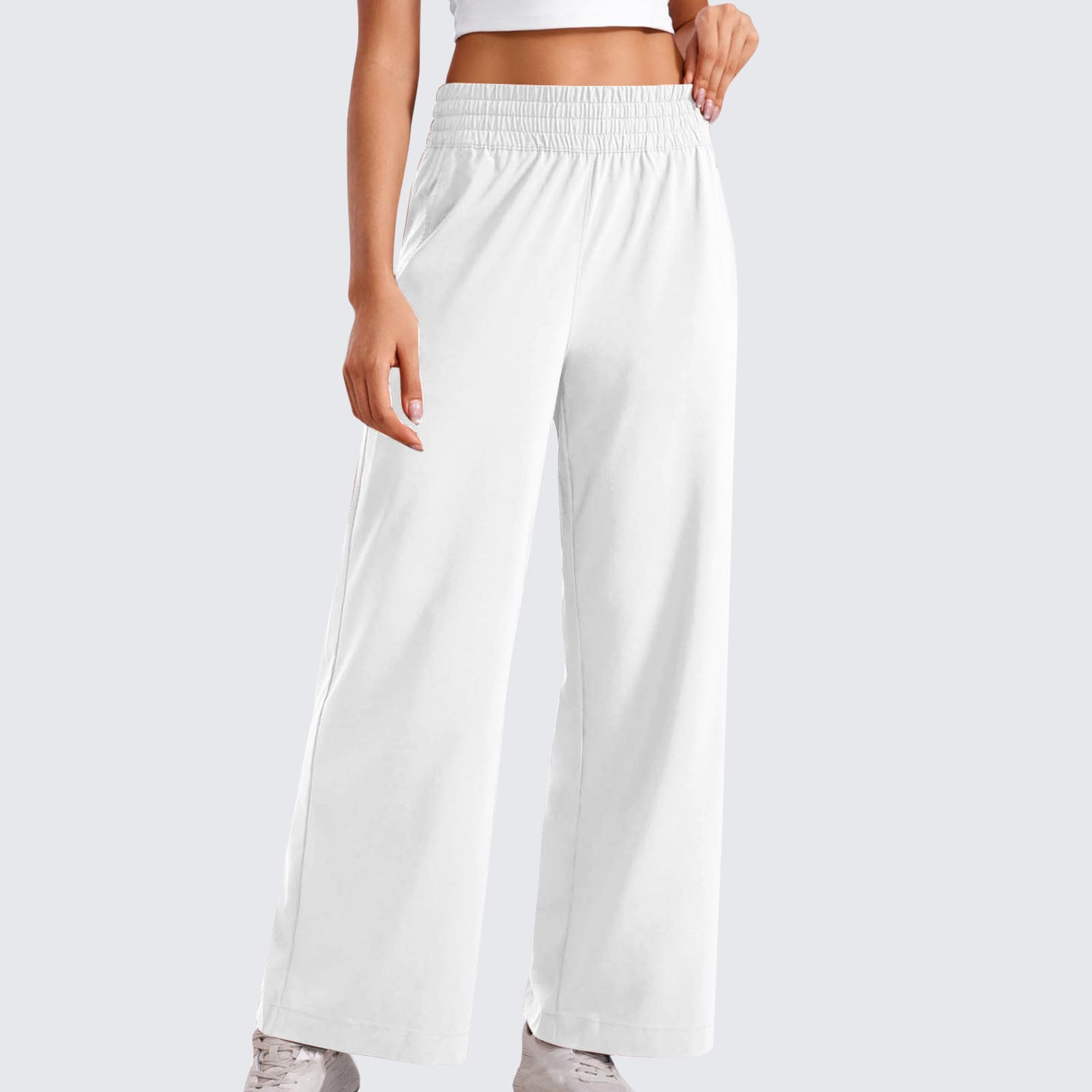 Ayolanni White Summer Pants for Women Palazzo Wide-Leg Solid Elastic ...