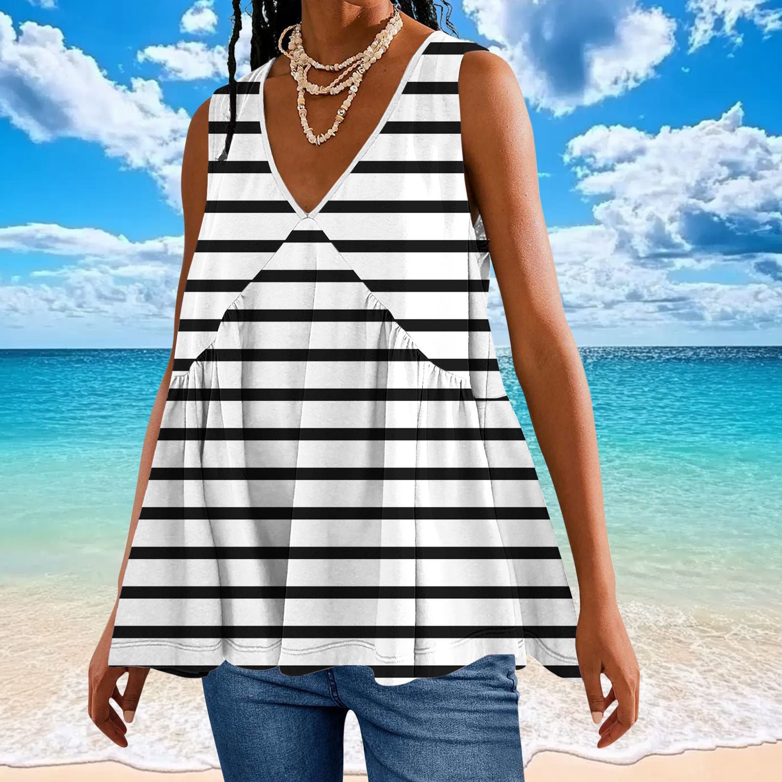 Ayolanni White T-Shirt Women Striped V-Neck Loose Sleeveless Peplum ...