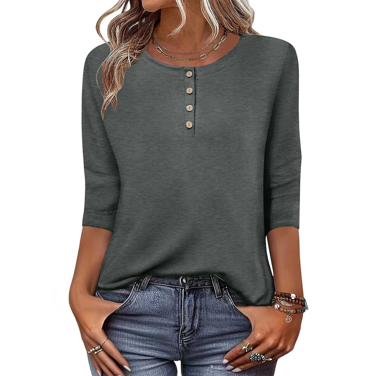 Ayolanni Women Blouses under $10 Gray 3/4 Sleeve Solid Blouses & Tops ...