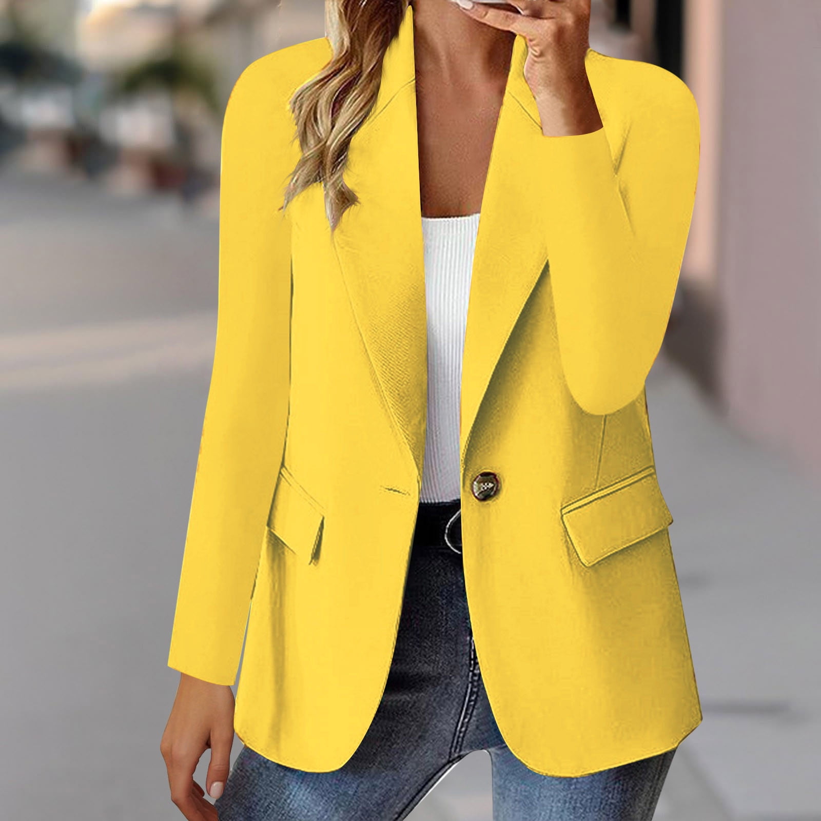 Ayolanni Women Fall Jacket Blazer Yellow Long Sleeve Solid Dress Coat ...
