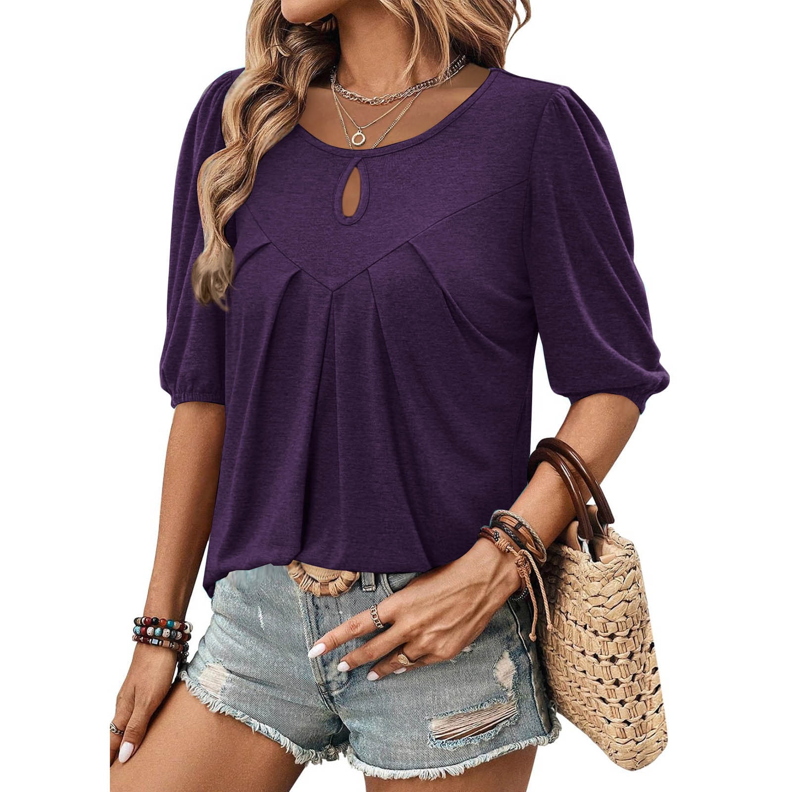 Ayolanni Women Tops Sale Cotton Purple Short Sleeve Pullover Solid T ...