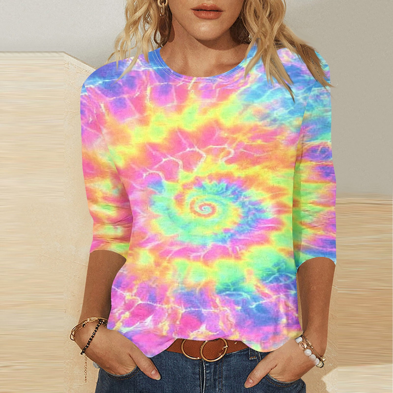 Ayolanni Women Tshirt Pink Tie Dye 3/4 Sleeve Crew Neck Pullover ...