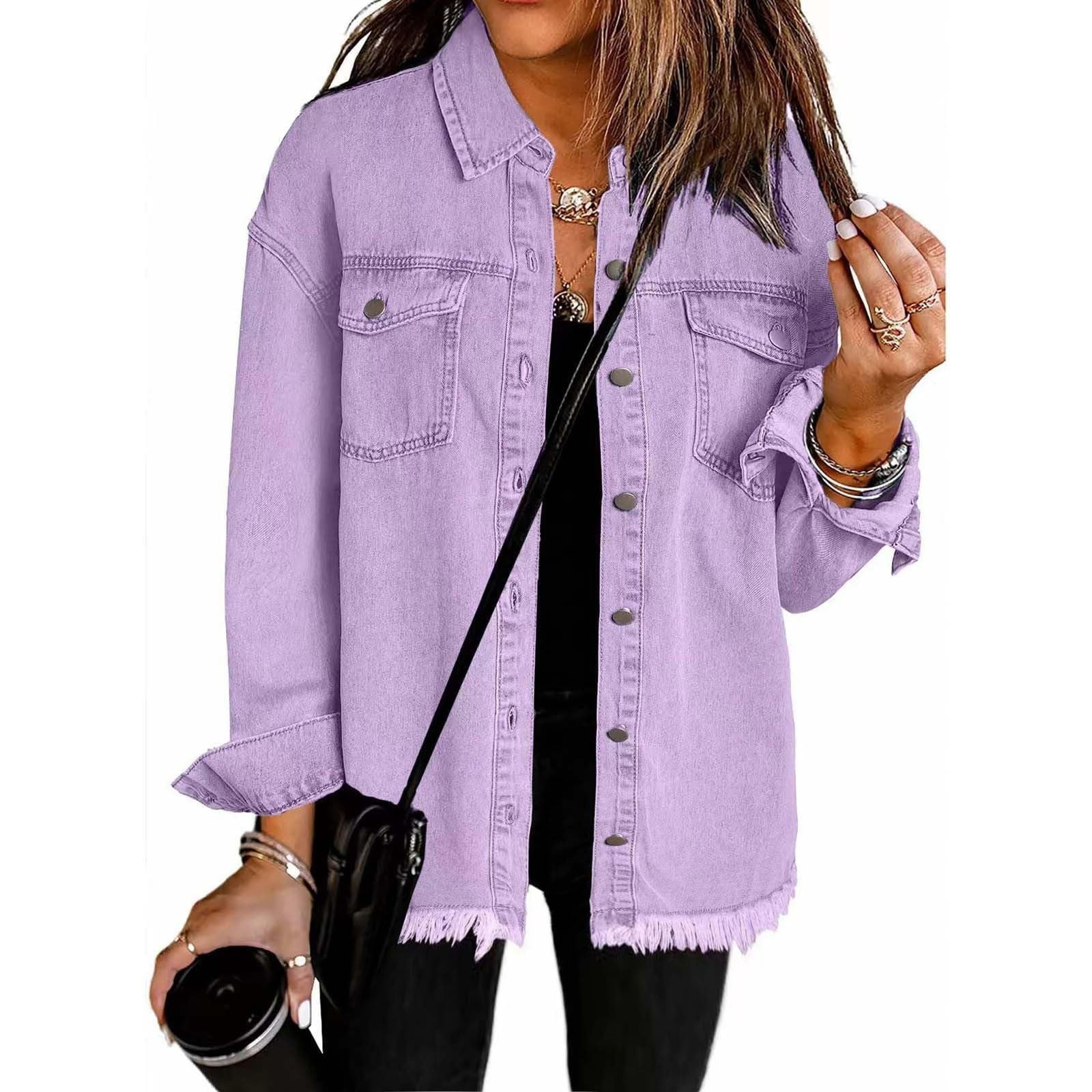 Ayolanni Denim Winter Jacket for Women Purple Solid Long Sleeve Jackets ...