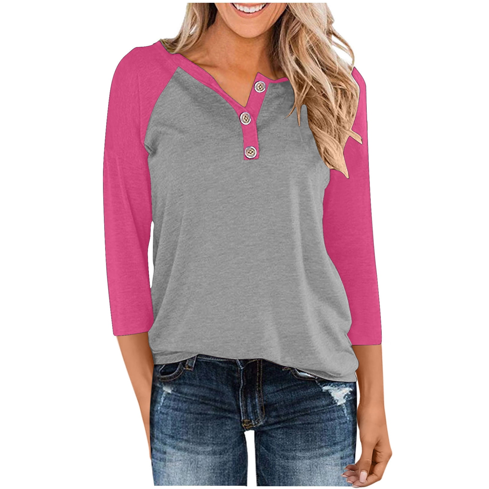 Ayolanni Women's T Shirts Long Sleeve V-Neck Pink Raglan Solid Blouses ...