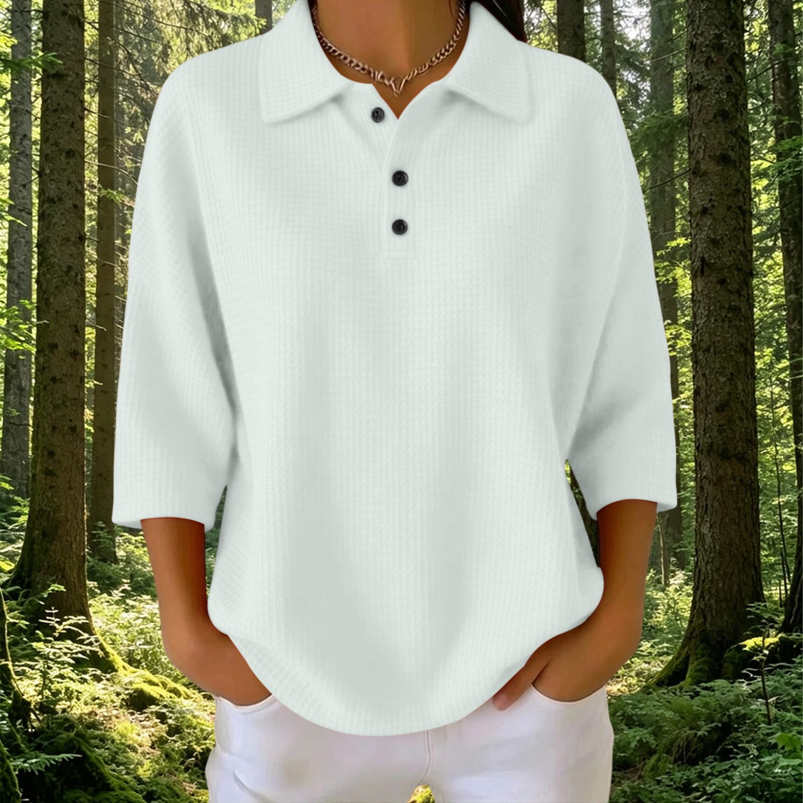 Ayolanni Womens Blouses Collared 3/4 Sleeve Solid V-Neck Blouse Comfy ...