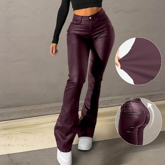 Ayolanni Womens Summer Pants Solid Empire Waist Bootcut PU Pants ...