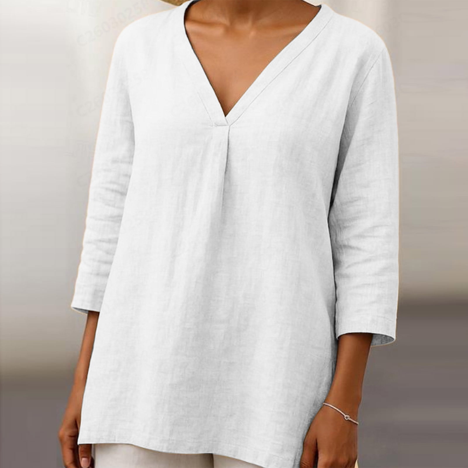 Ayolanni Womens T Shirts 3/4 Sleeve Solid 100% Cotton V-Neck Blouse ...