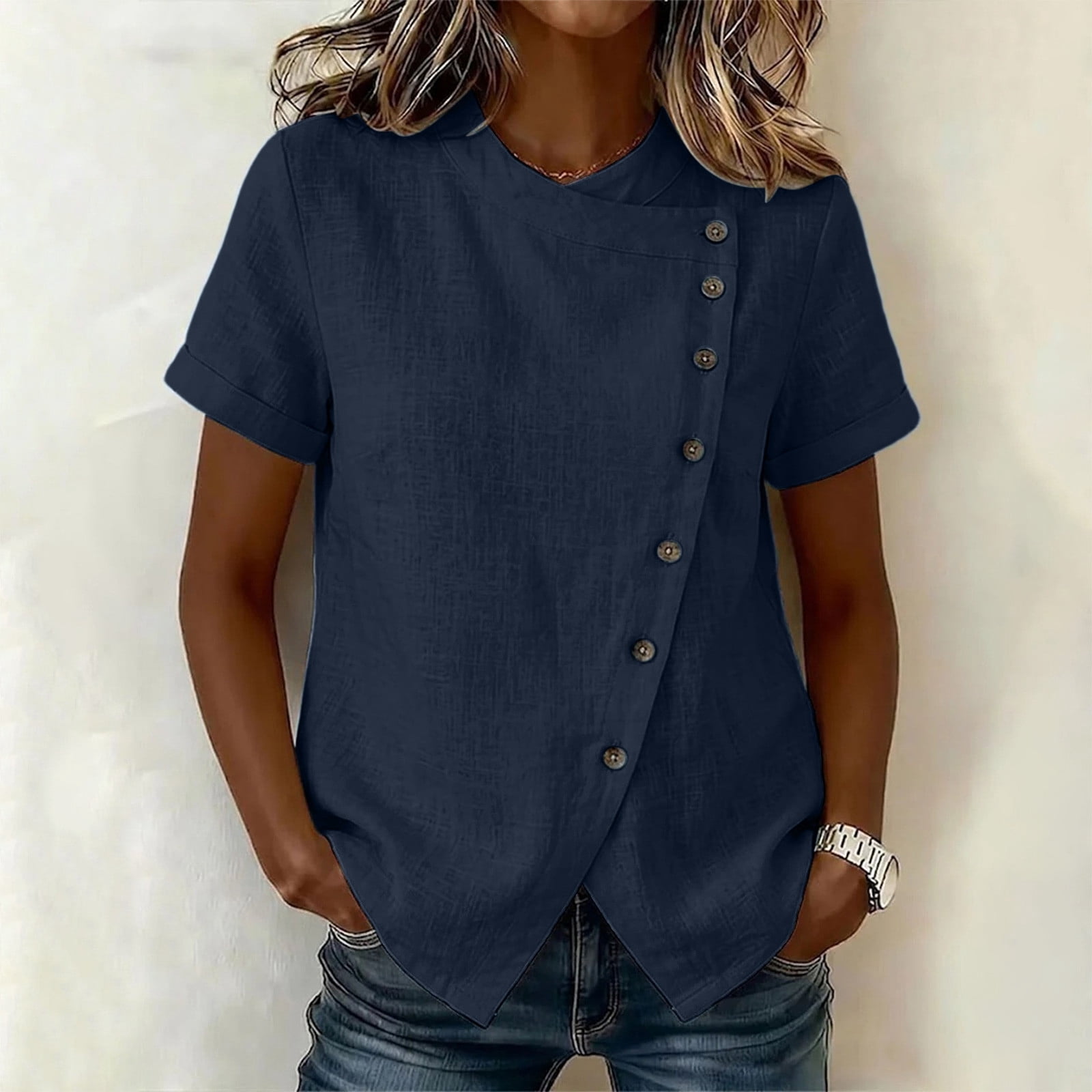 Ayolanni Womens T Shirts Crisscross Solid Short Sleeve Crew Neck Blouse ...