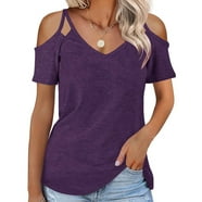 LIOFOER Womens Blouse Loose Strappy Short Sleeve Cold Shoulder Tops ...