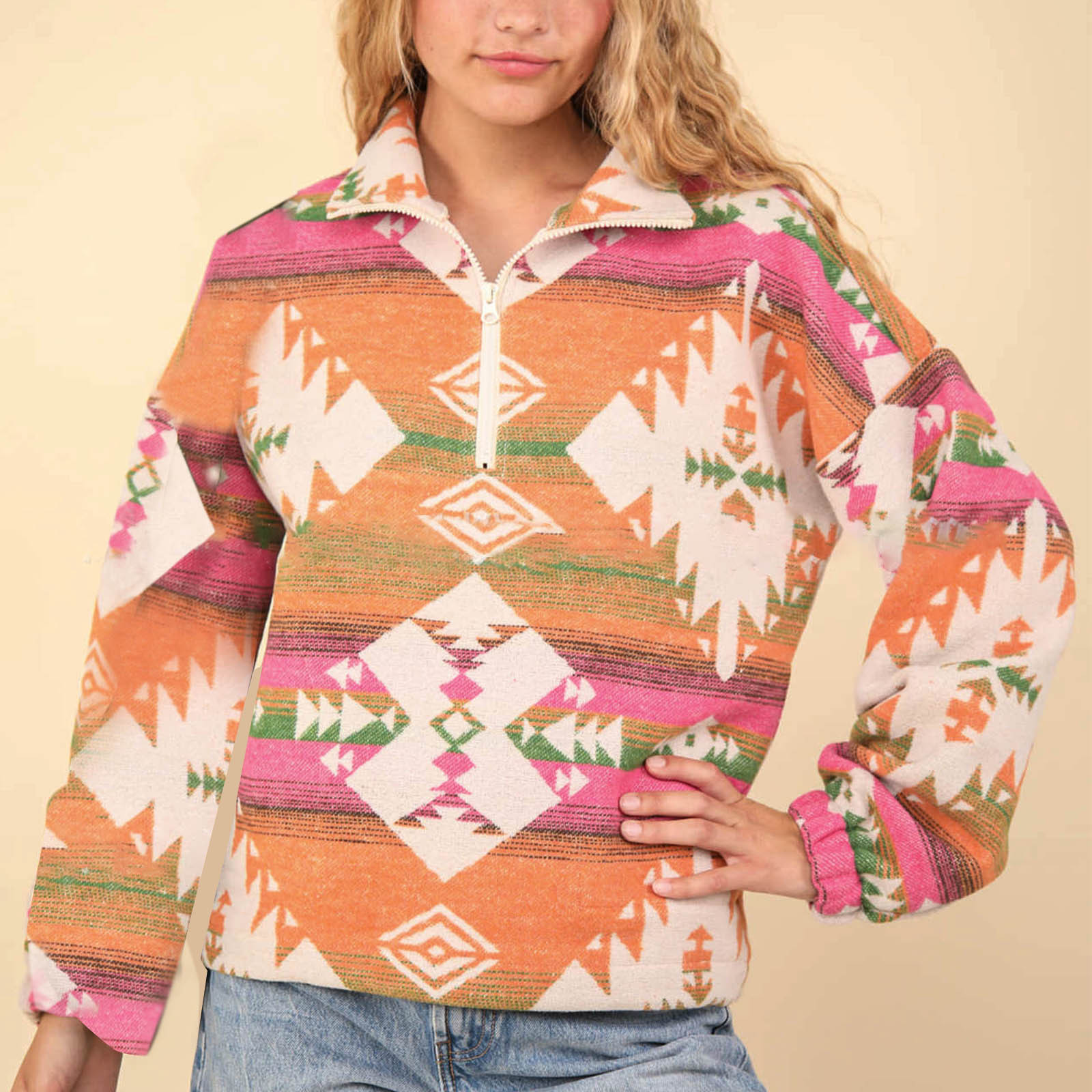 Ayolanni Wool Trendy Tops for Women 2024 Orange Boho Long Sleeve Zip ...