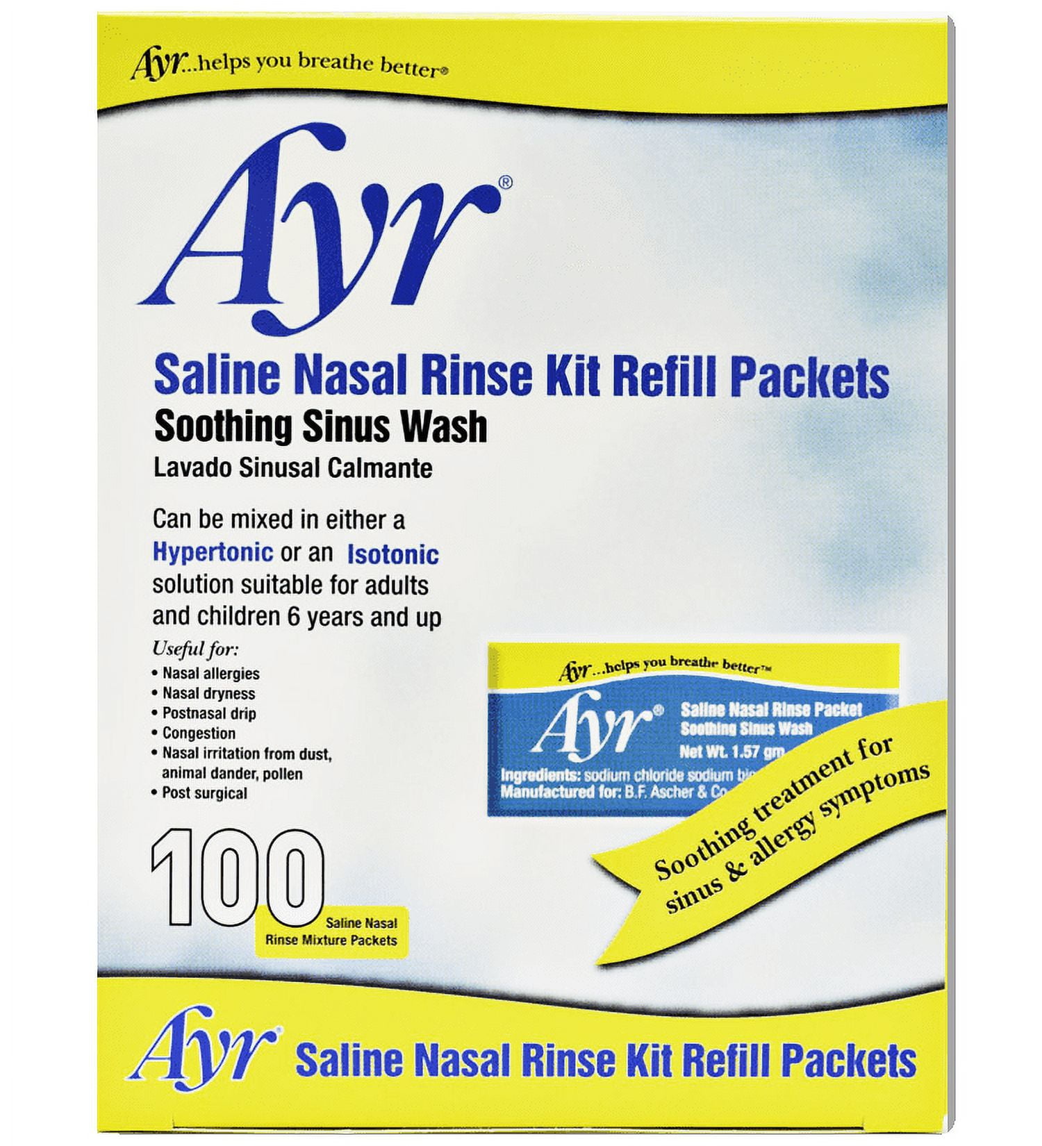 Ayr Saline Nasal Rinse Kit Ref 100 Count HSA/FSA Eligible - Walmart.com