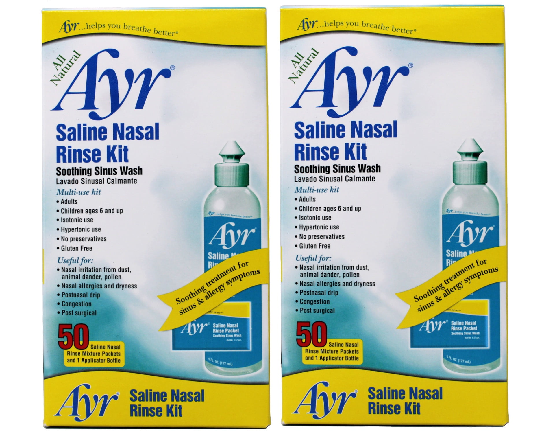 2 Pack - Ayr Saline Nasal Rinse Kit Soothing Sinus Wash, 50 Count ...