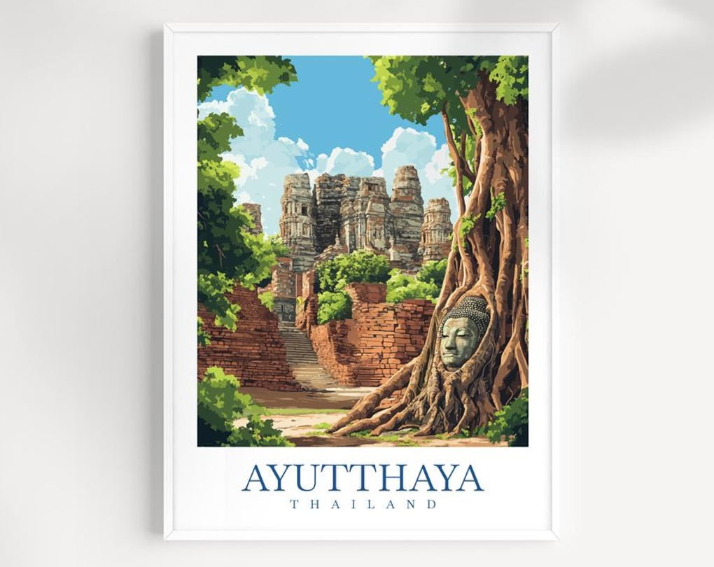 Ayutthaya Thailand Travel Print Wall Art - Illustrated Ayutthaya Landscape, Ancient Ruins ...