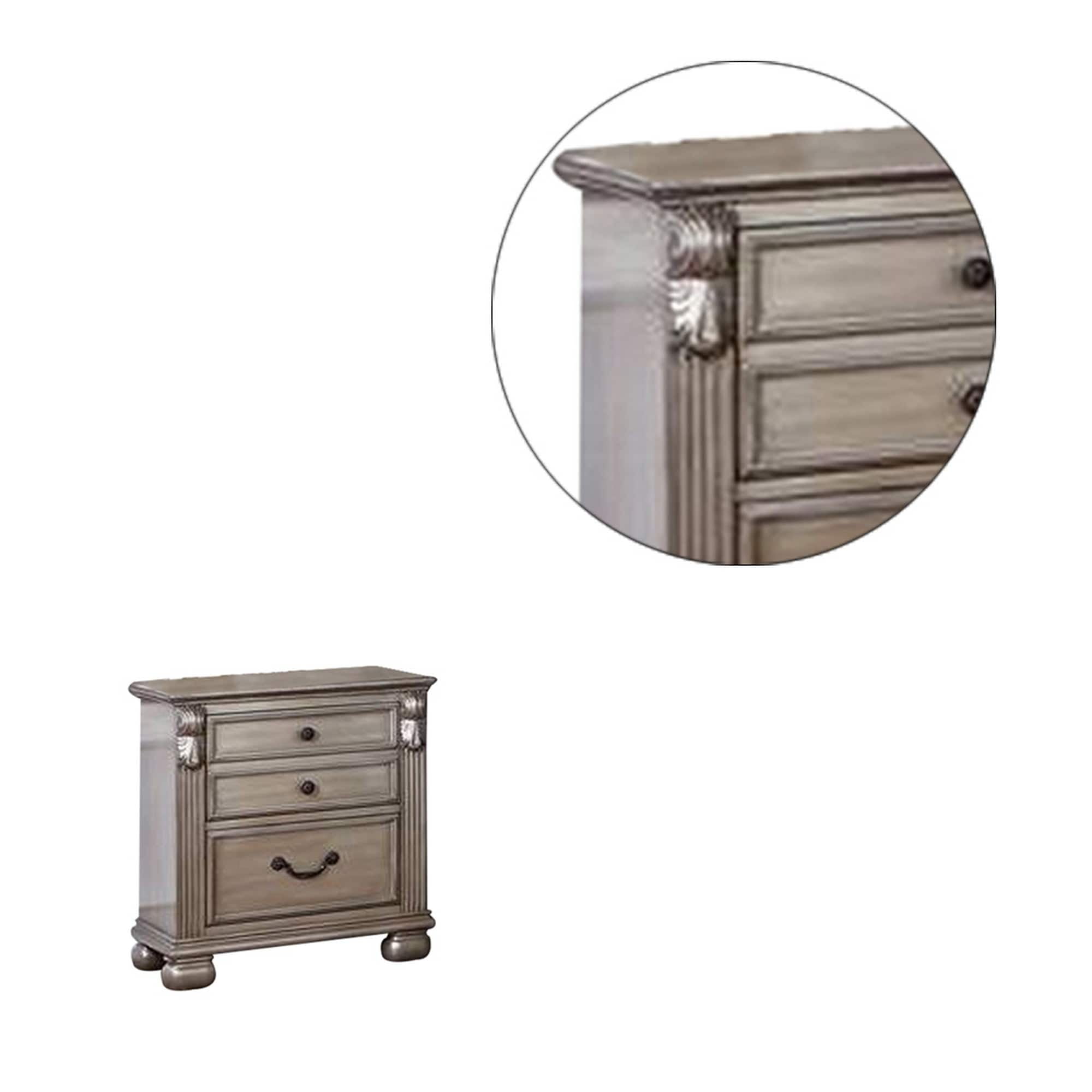Aza 28 Inch Classic 3 Drawer Nightstand, Metal Drop Handles, Champagne ...