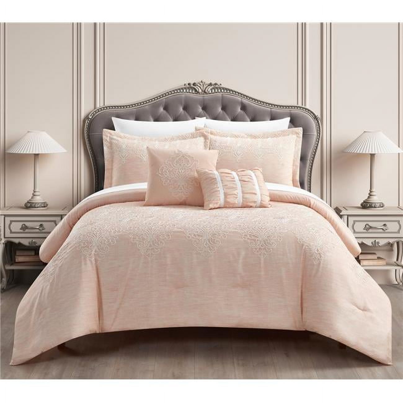 Azami Embroidered Pattern Heathered Bedding Comforter Set, Blush - King ...