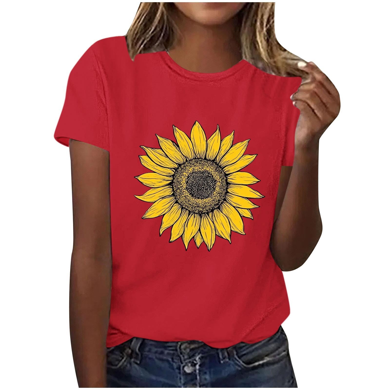 Azarole Women's Sunflower Print Short Sleeve Crew Neck T-Shirt Summer ...