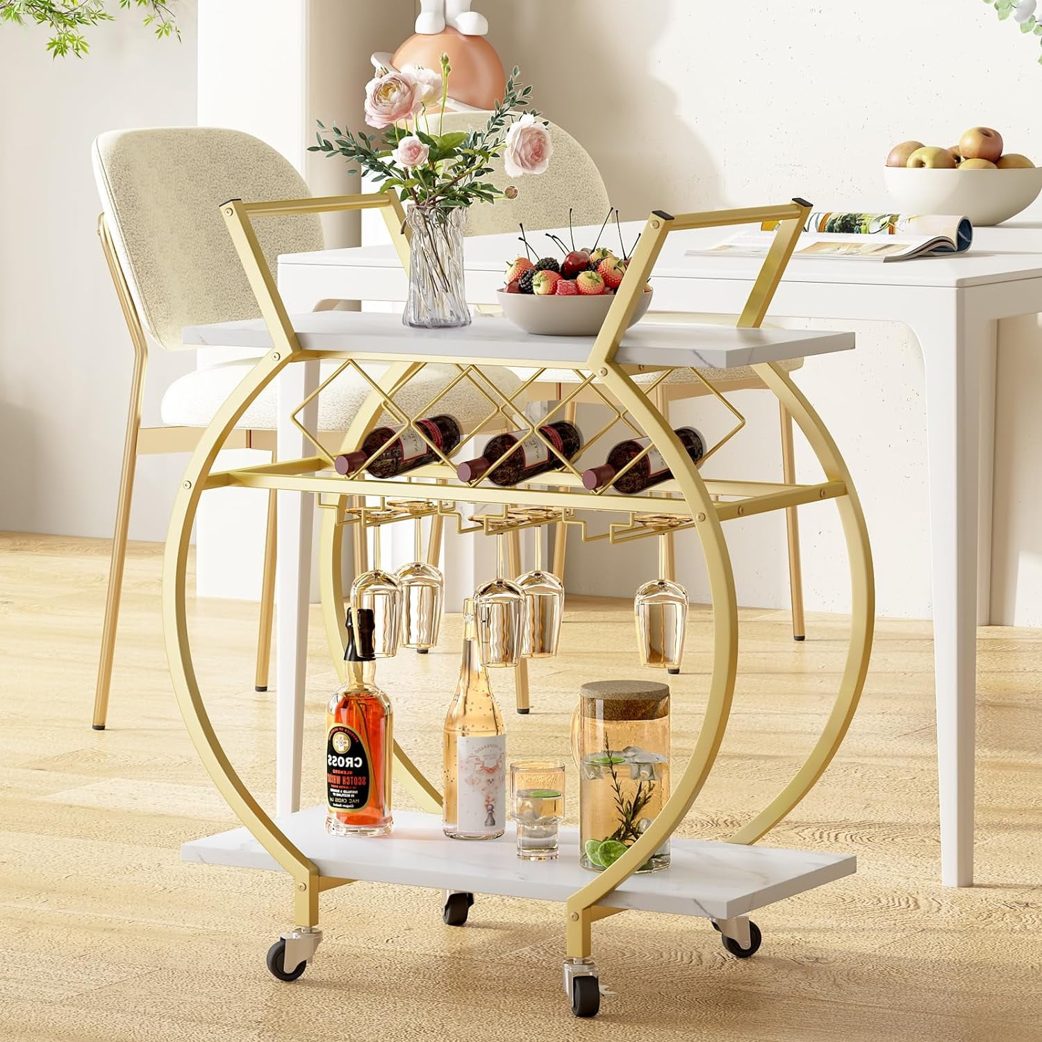 Aboxoo Rolling Kitchen Serving Carts with Wine Rack, Wood and Metal ...