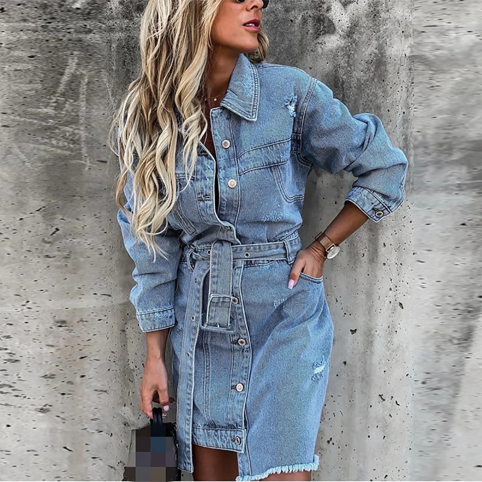 Azrian Plus Size Dresses,Womens Clothes Clearance,Women's Summer Fashion Denim Lapel Long Sleeve ...