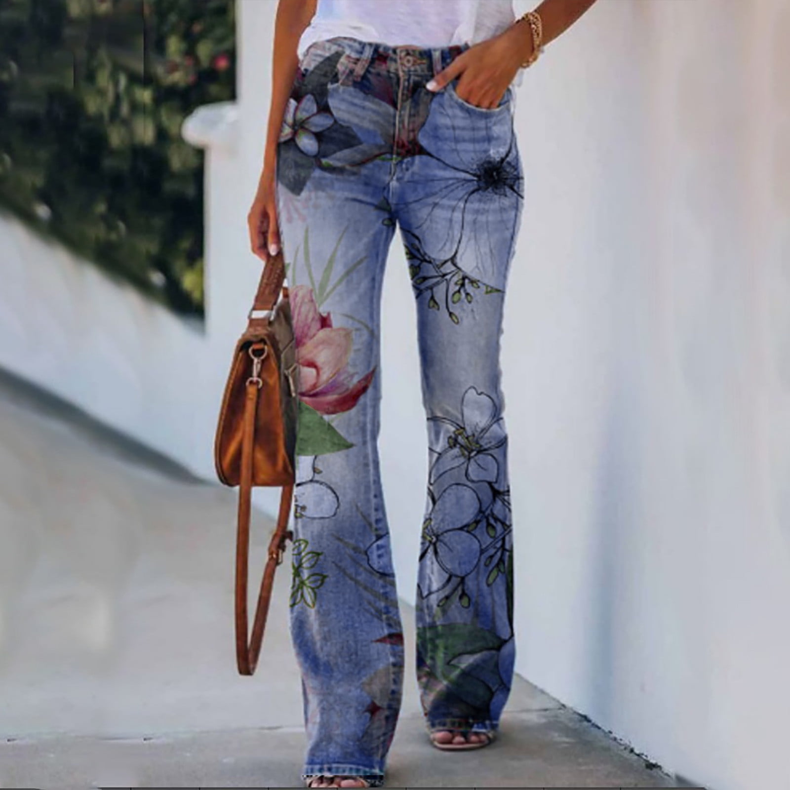 Azrian Women Flare Jeans Elastic Waist Stretch Buttons Printing Thin ...