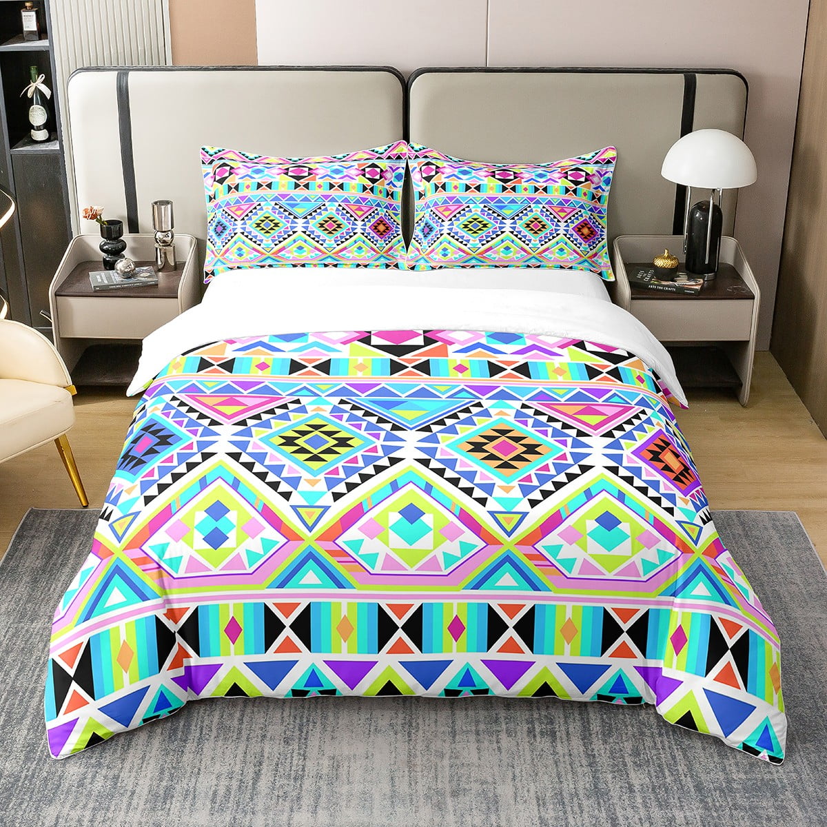 Aztec 100% Cotton Duvet Cover Queen Neon Geometric Diamond Bedding Set ...