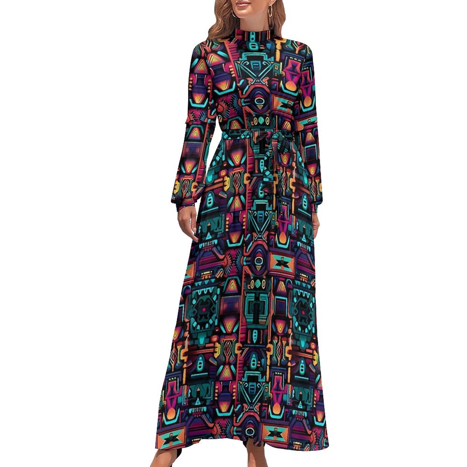 Aztec Art Dress Vintage Print Cute Printed Maxi Dress High Waist Long ...